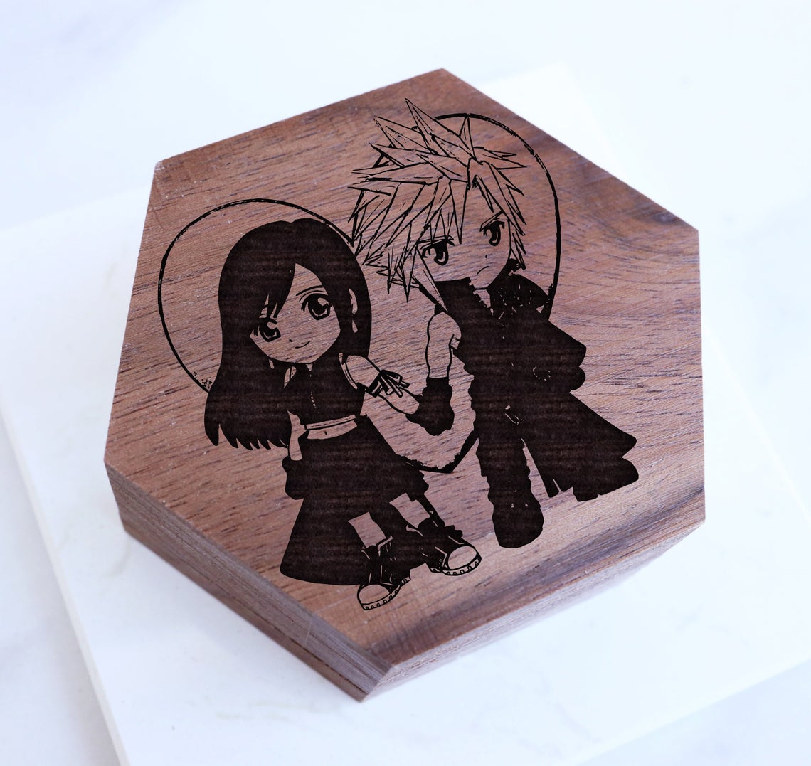 Cloud and Tifa Chibi Wedding Ring Box, Anime Final Fantasy Wood Engage