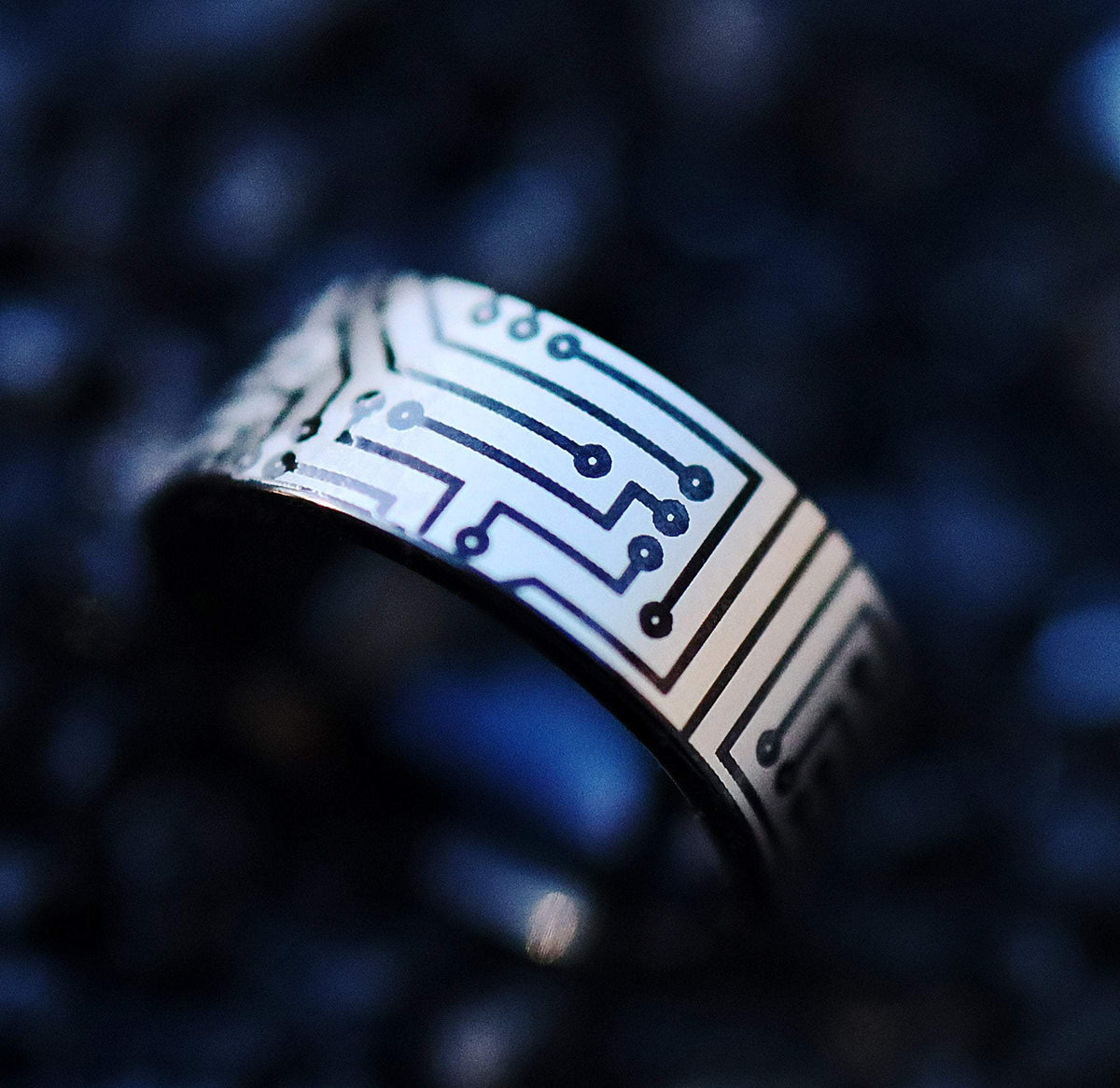Black Inverted Circuit Board Ring for Men, Computer Wedding Ring Tungs